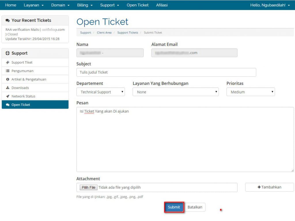 Tutorial Open Ticket Di Client Area | Knowledge Base